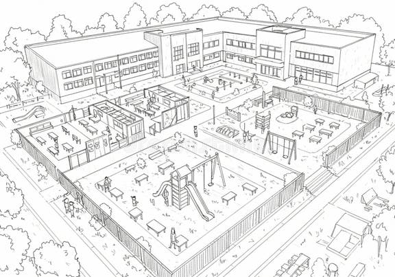 Line Drawing of a School Complex with Multiple Rectangular Buildings ...