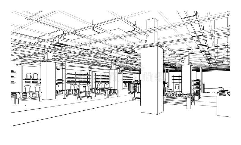 Line Drawing of Shopping Mall,Modern Design Stock Illustration ...