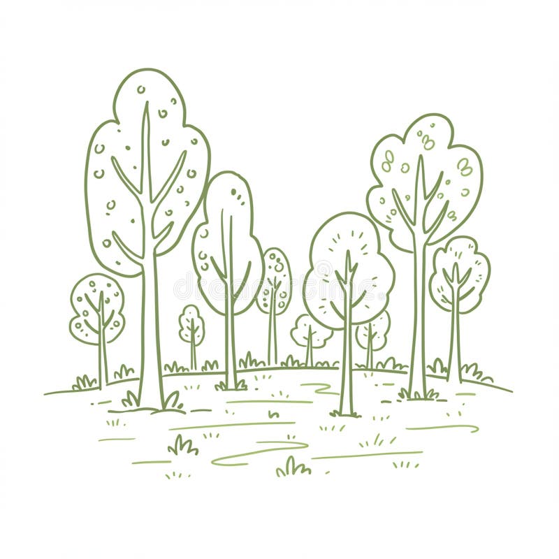 Line Drawing of a Simple Forest Scene Featuring Various Trees with ...