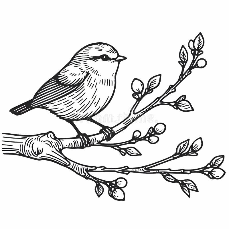 Line Drawing a Small Bird on the Branch of Tree Stock Illustration ...