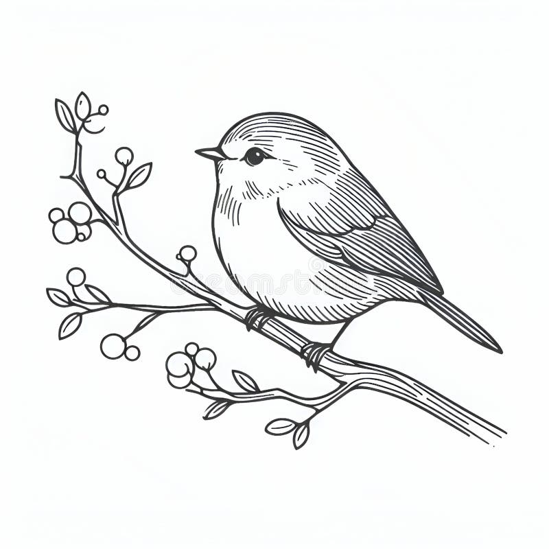 Line Drawing Small Bird on the Branch of Tree Stock Illustration ...