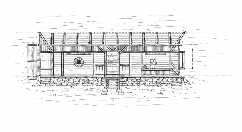 Line Drawing of a Small, Rectangular Wooden House with a Gabled Roof ...