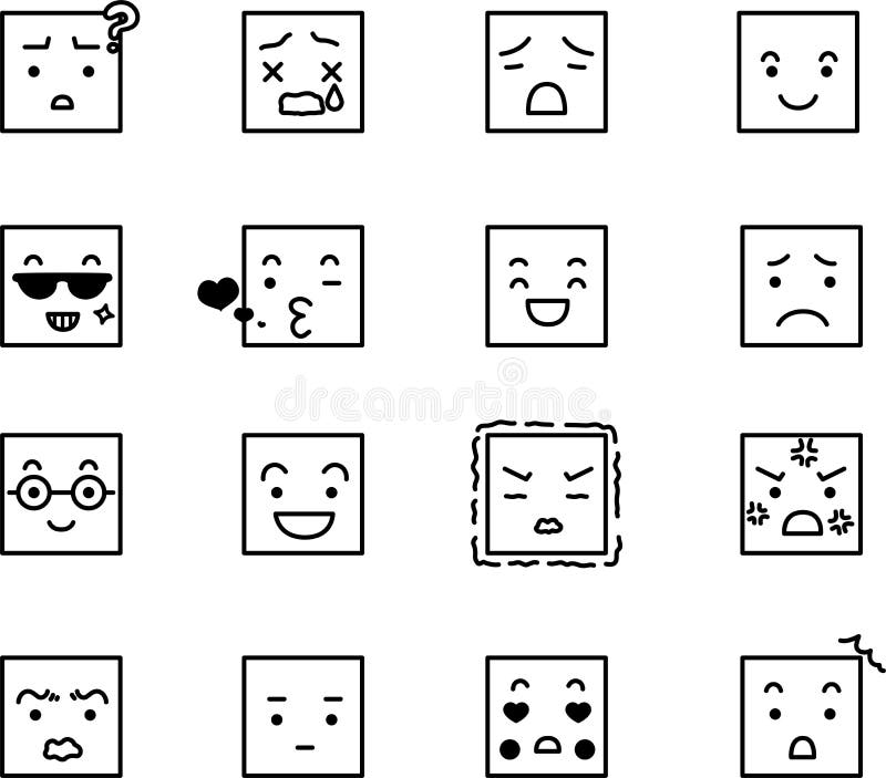 Line Drawing of Square Emoticon Icon Set Stock Vector - Illustration of ...