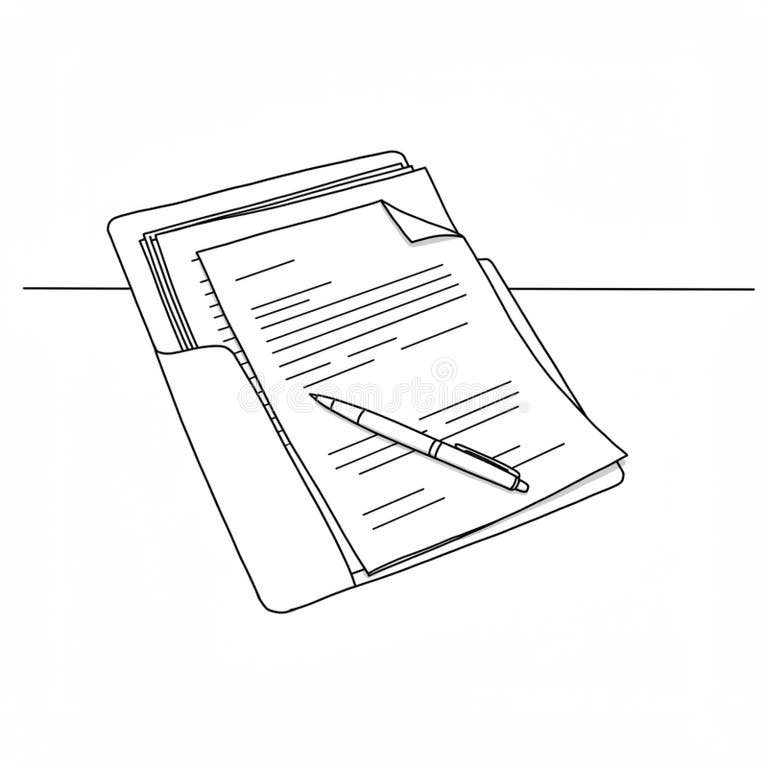 A Line Drawing of a Stack of Papers with a Pen Resting on Top. the ...