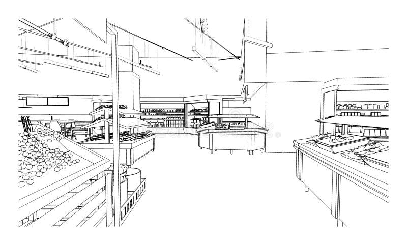 Line Drawing of Super Market,Modern Design Stock Illustration ...