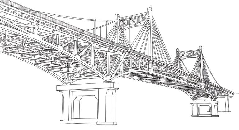 Line Drawing of a Suspension Bridge with Intricate Triangular Truss ...