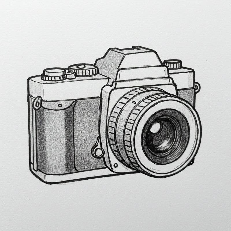 Line Drawing of a Vintage Camera with a Detailed Lens, Knobs, and Dials ...