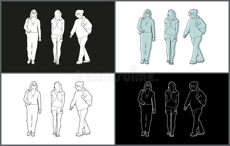 Line Drawing Walking and Standing Poses Casual Women Illustrations Set ...