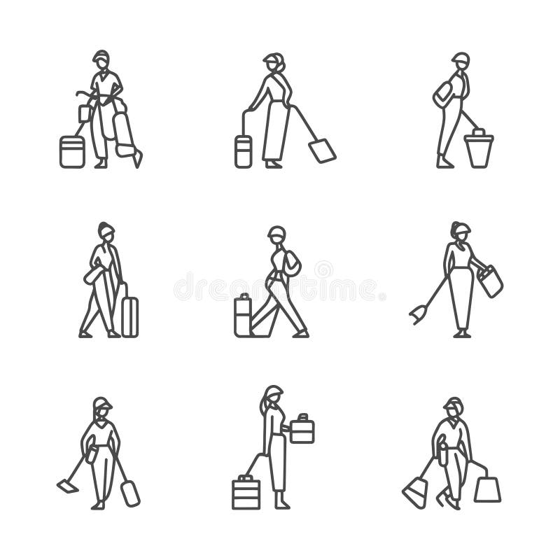 Cleaning Service Workers Line Icons Set Stock Vector - Illustration of ...