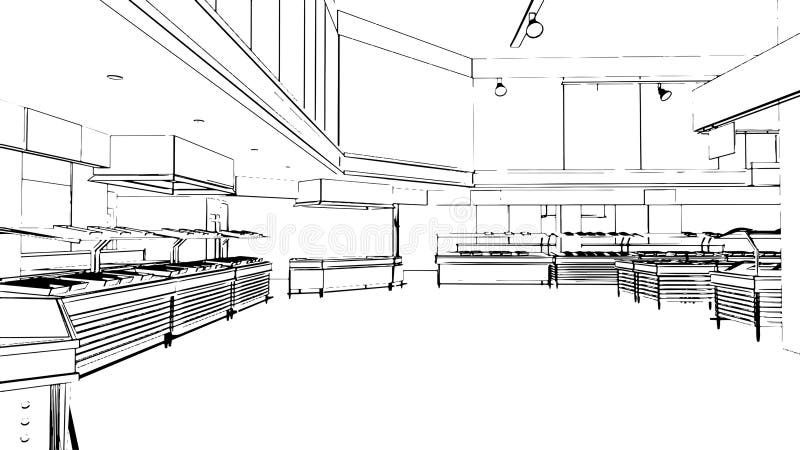 Line Drawings of Supermarkets Selling Various Food Items.,3d Rendering ...