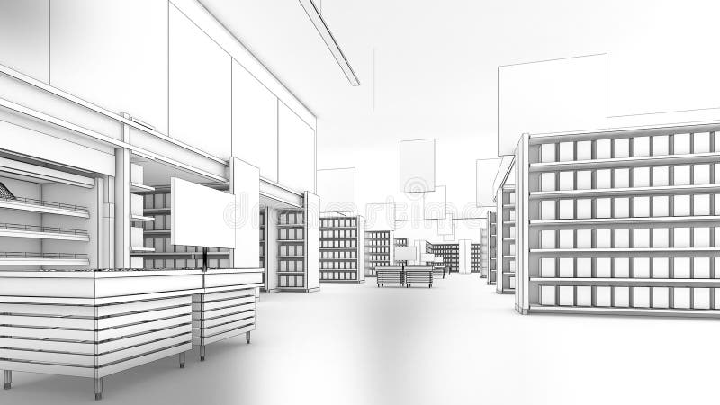 Line Drawings of Supermarkets Selling Various Food Items.,3d Rendering ...