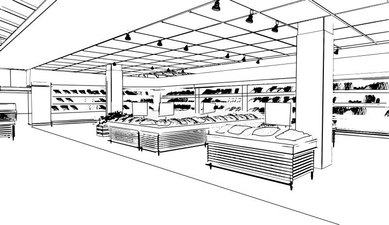 Line Drawings of Supermarkets Selling Various Food Items.,3d Rendering ...