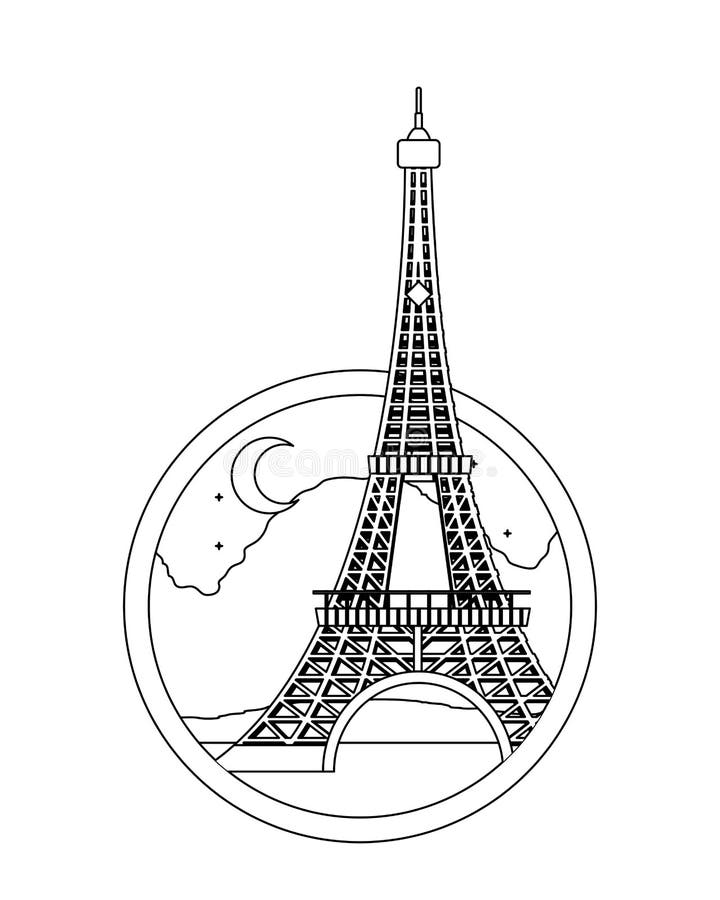 Line Eiffel Tower Paris at Night with Moon Stock Vector - Illustration ...