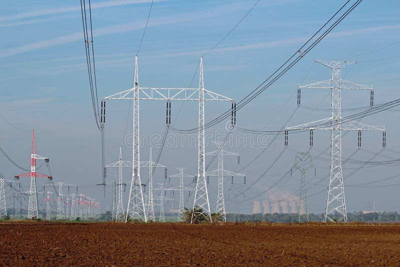 Line of Electricity Pylons and Nuclear Power Plant Stock Photo - Image ...