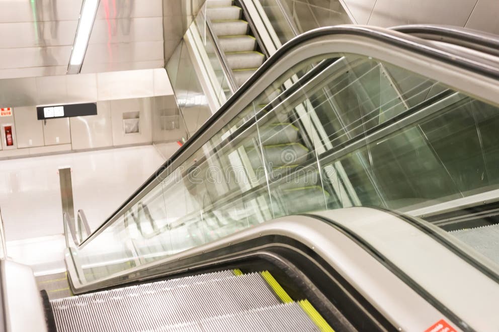 Line Escalators with Metal Coating Stock Photo - Image of indoor ...