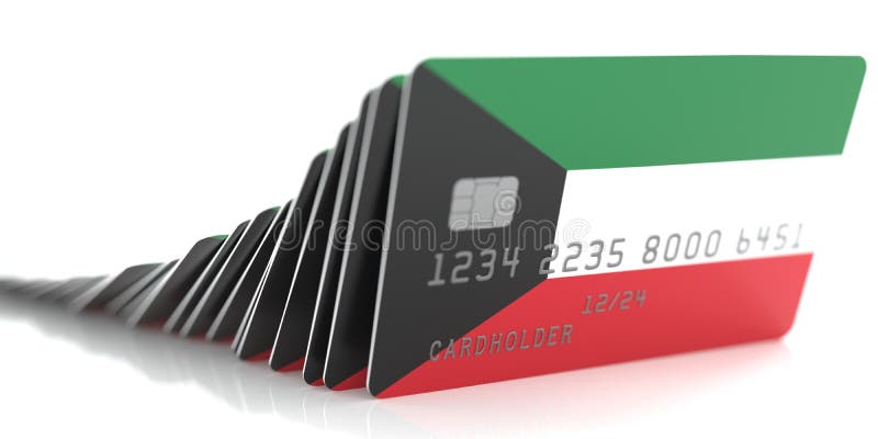 Line of Fallen Credit Cards with Flags of Kuwait on White Background ...