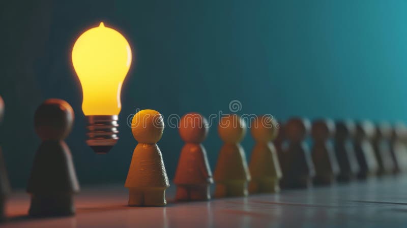 Line of Figures with Illuminated Light Bulb Figure in the Center ...