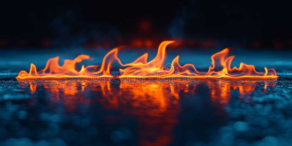 Line of Fire and Reflection, Abstract Burning Flames on Dark Background ...