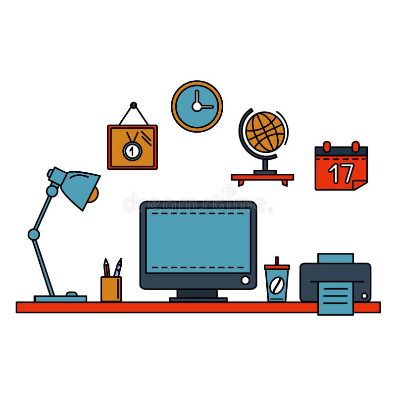 Line Flat Vector Illustration Workspace with Desktop Computer, Work ...