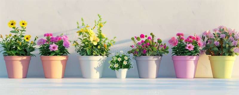Line of Flower Pots on Light Background, Panoramic View, Generated Ai ...