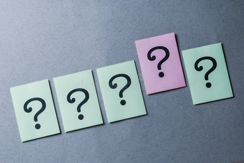 Line of Four Green Question Marks and One Pink Stock Image - Image of ...