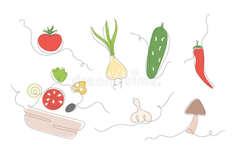 Line Fresh Vegetables, Salad. Hand Drawn Monoline Vector Illustrations ...