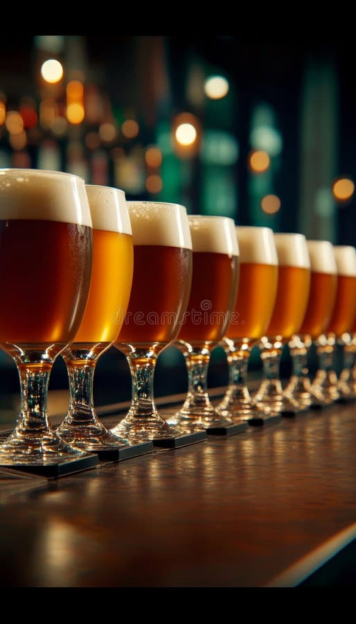 Line of Freshly Poured Draft Beers in Elegant Glasses on a Bar Counter ...
