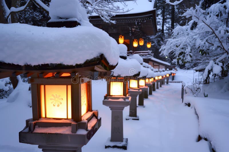 Line of Glowing Snow Lanterns Leading To a Snowcovered Shrine Stock ...