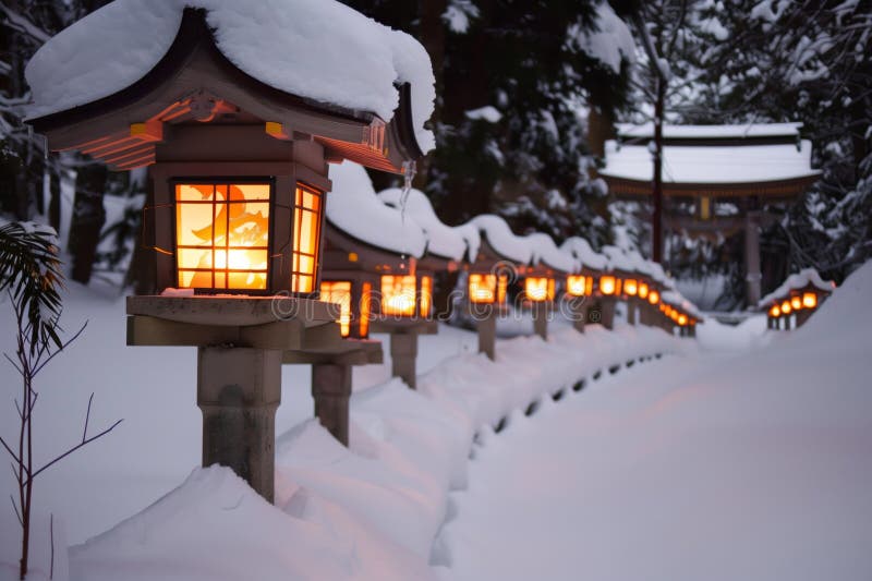 Line of Glowing Snow Lanterns Leading To a Snowcovered Shrine Stock ...