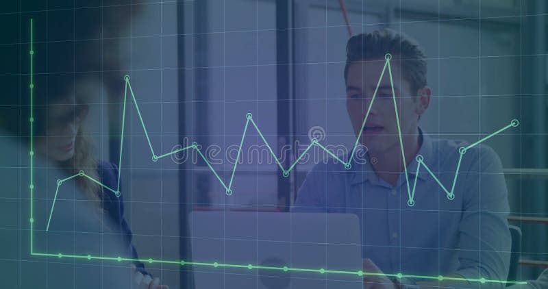 Line Graph Animation Over Business People Working on Laptops in Office ...