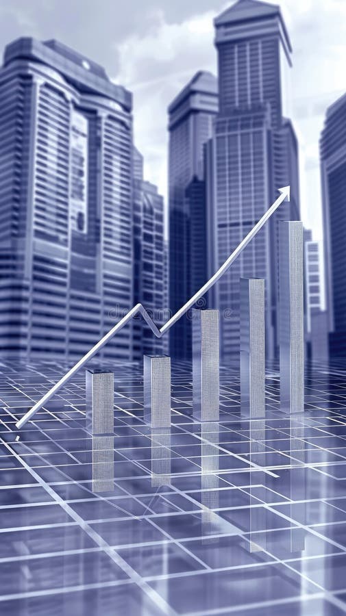 A Line Graph with Glowing Gold Lines Rises Above a Blurry Cityscape at ...