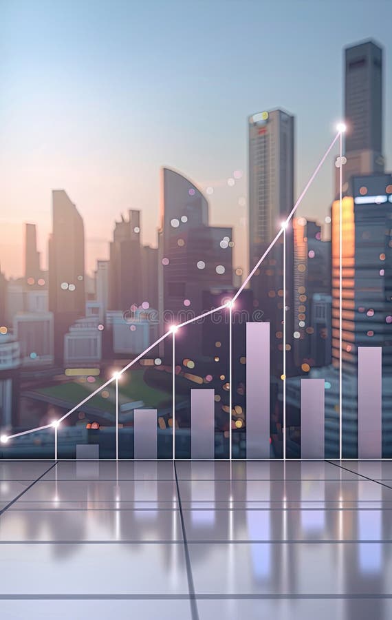 A Line Graph with Glowing Gold Lines Rises Above a Blurry Cityscape at ...