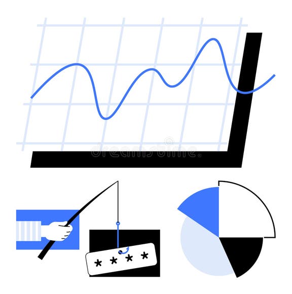 Data Analytics and Cybersecurity Concepts with Chart, Pie Graph, and Phishing Hook Stock ...