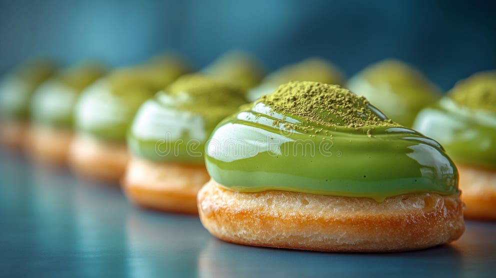 Line of green-iced eclairs stock photo. Image of confectionery - 365113980