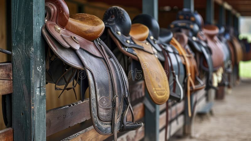 A Line of Horse Riding Saddles Displayed on the Fence of a Rustic ...