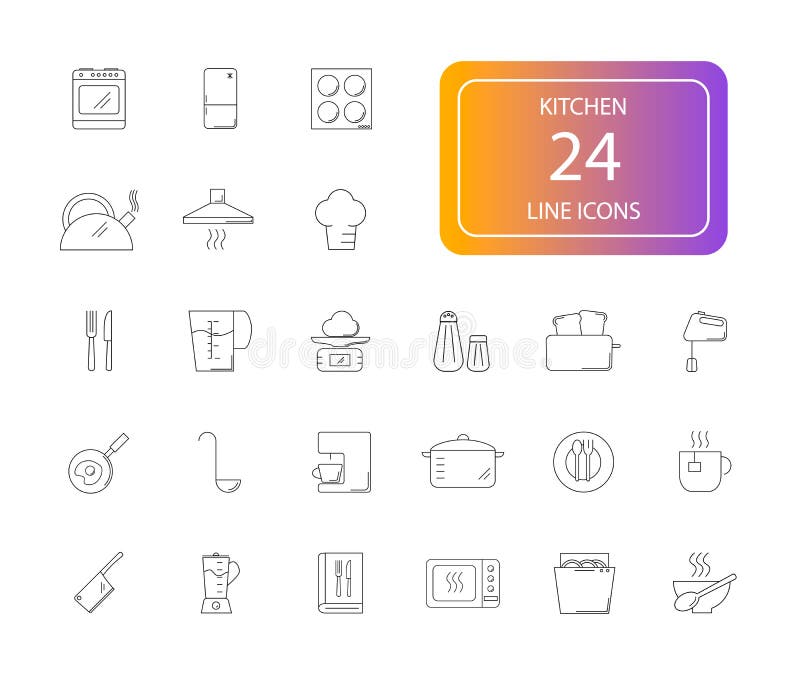 Line Icons Set. Kitchen Pack Stock Vector - Illustration of cutlery ...