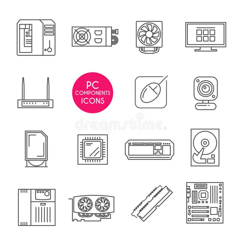 Line Icons Set. PC Components Stock Vector - Illustration of processor ...