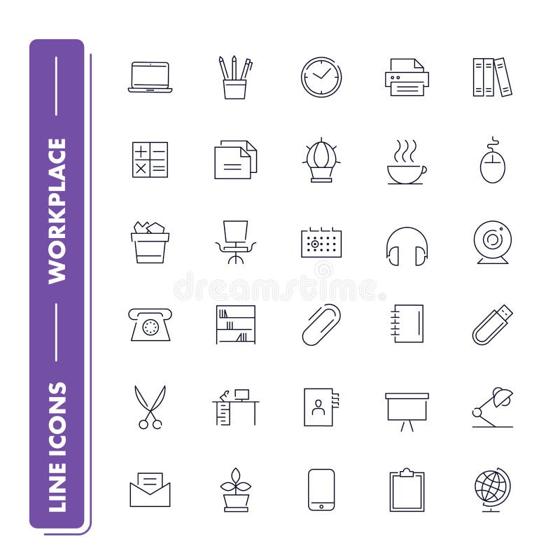 Line icons set. Workplace stock vector. Illustration of calendar ...