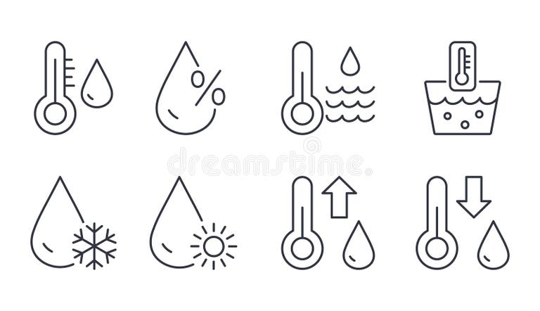 Line Icons Water Temperature. Vector Symbols of High and Low Temperature, Humidity. Increase ...