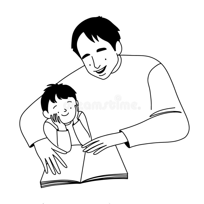 Line Illustration, Father Reading a Book To His Son Stock Vector ...