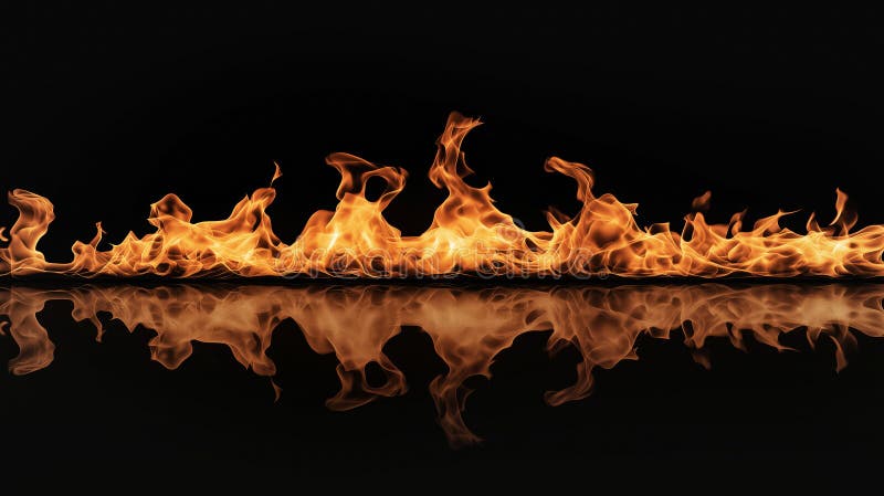 Line of Intense Orange Flames Reflecting Off a Glossy Surface Against a ...
