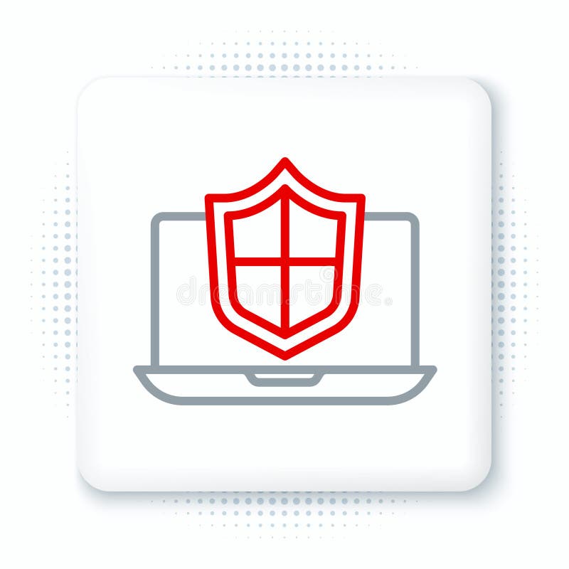 Line Laptop Protected with Shield Icon Isolated on White Background. PC ...