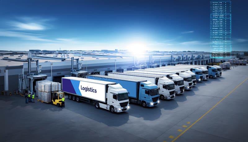 Line of Logistics Trucks Parked Outside a Modern Warehouse Ready for ...
