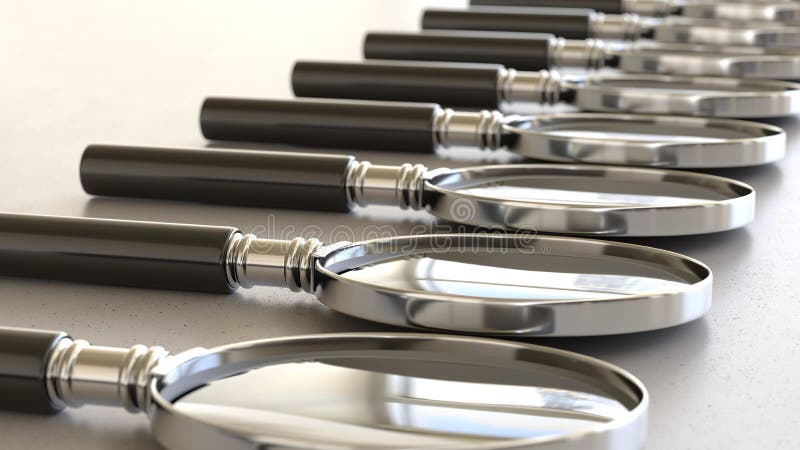 Linear Array of Magnifying Glass` on a Light Gray Surface Stock ...