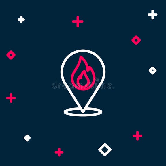 Line Map Pointer with Fire Flame Icon Isolated on Blue Background. Fire ...