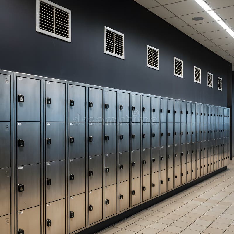 Modern Metallic Lockers with Handles and Badges, Complemented by Air ...