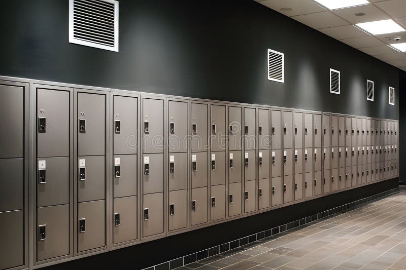 Modern Metallic Lockers with Handles and Badges, Complemented by Air ...