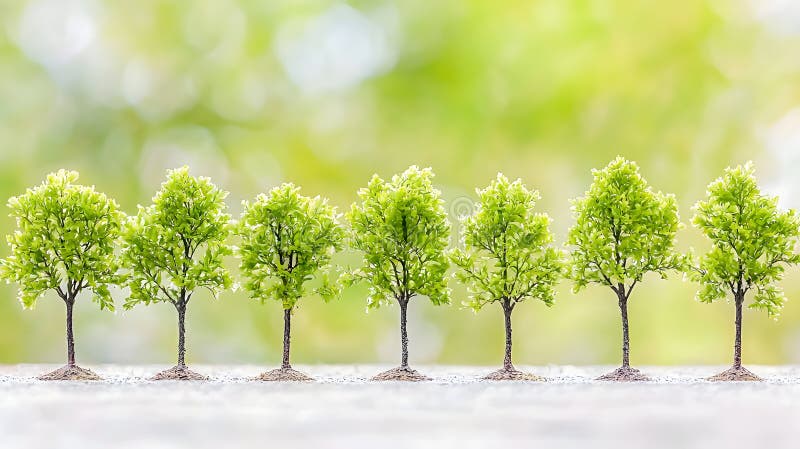 Line of Miniature Trees on a Blurred Green Background Stock ...