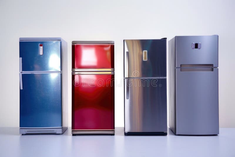 A Line of Modern Metallic Refrigerators Standing Side by Side, Perfect ...