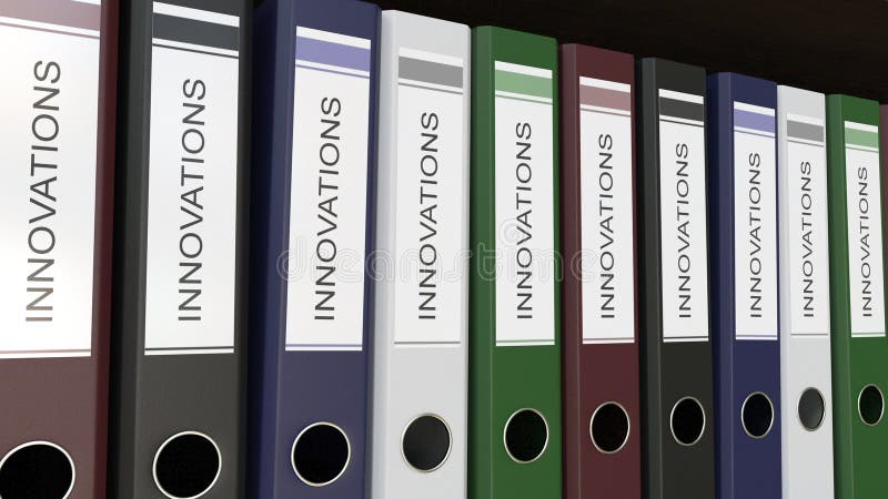 Line of Multicolor Office Binders with Innovations Tags 3D Rendering ...